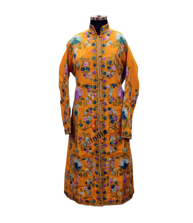 Yellow Multicolored Kashmiri Embroidered Aari Silk Jacket