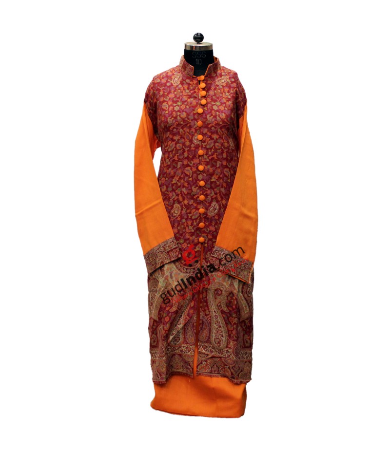 Handmade Pashmina Orange Kashmiri Kani Suit (Includes Stole & Pants)